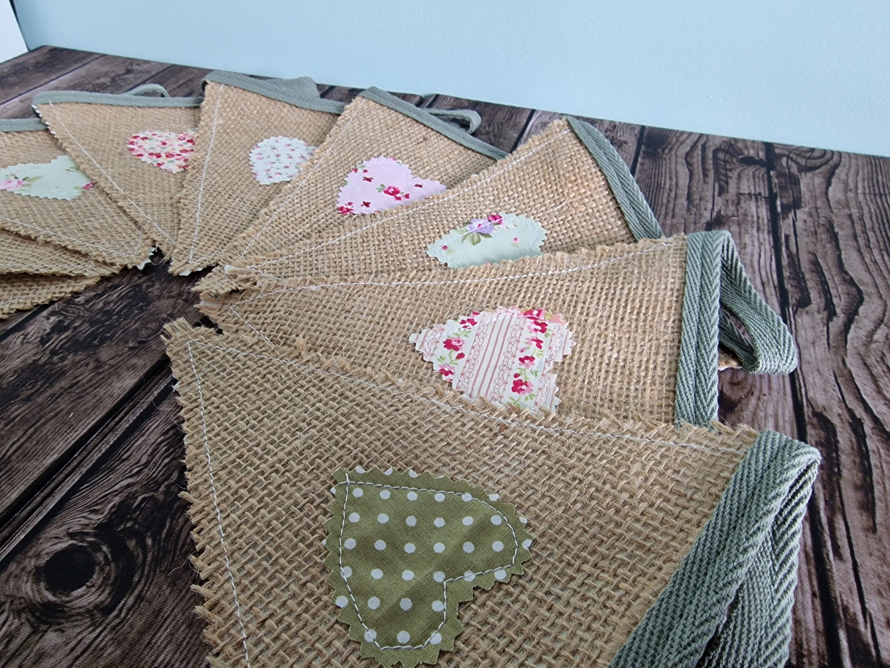 Hessian Hearts Handmade Fabric Bunting - Sage Ditsy Floral | Shabby ...