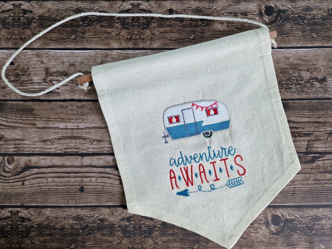 Embroidered Pennant Flag: Adventure Awaits Caravan Decor - Etsy