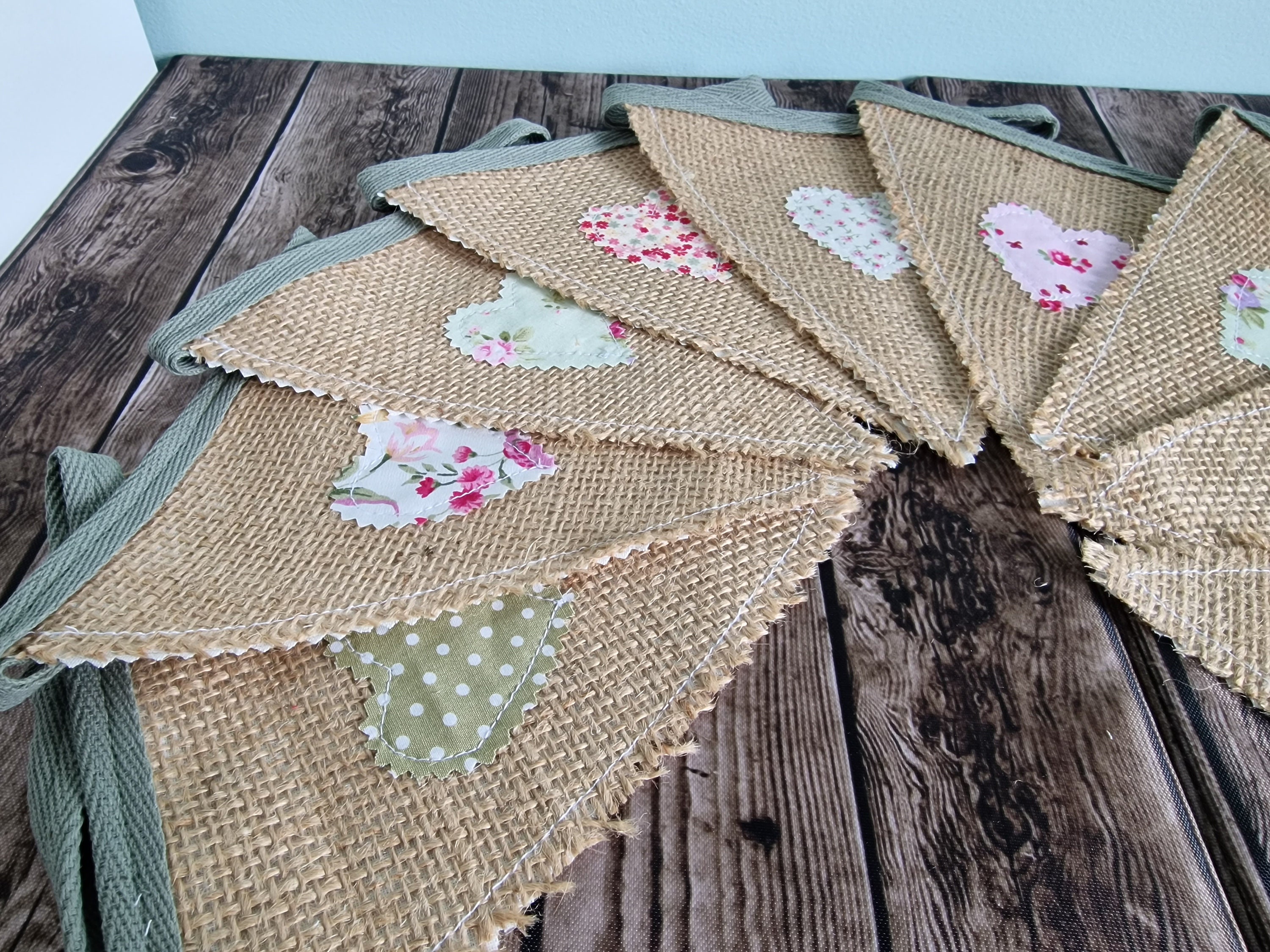 Hessian Hearts Handmade Fabric Bunting - Sage Ditsy Floral | Shabby ...