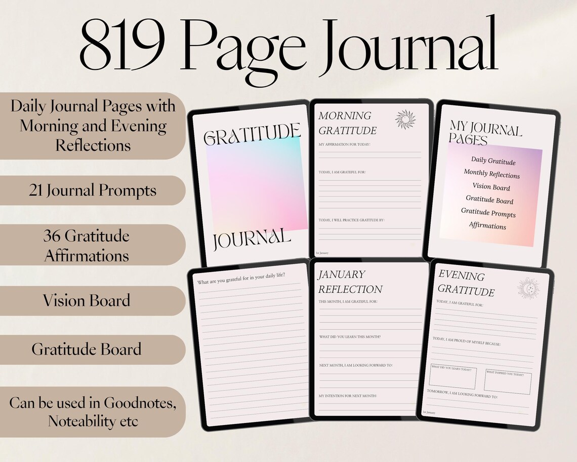 365 Day Digital Gratitude Journal; Gradient Design Hyperlinked Journal ...