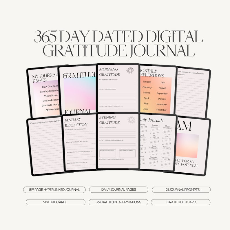 365 Day Digital Gratitude Journal Gradient Design Hyperlinked Journal ...