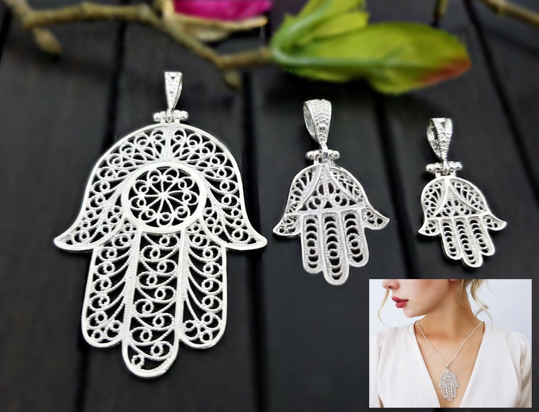 925 Silver Large XXL Pendant Hand of Fatima Hamsa Khamsa Chain Pendant ...