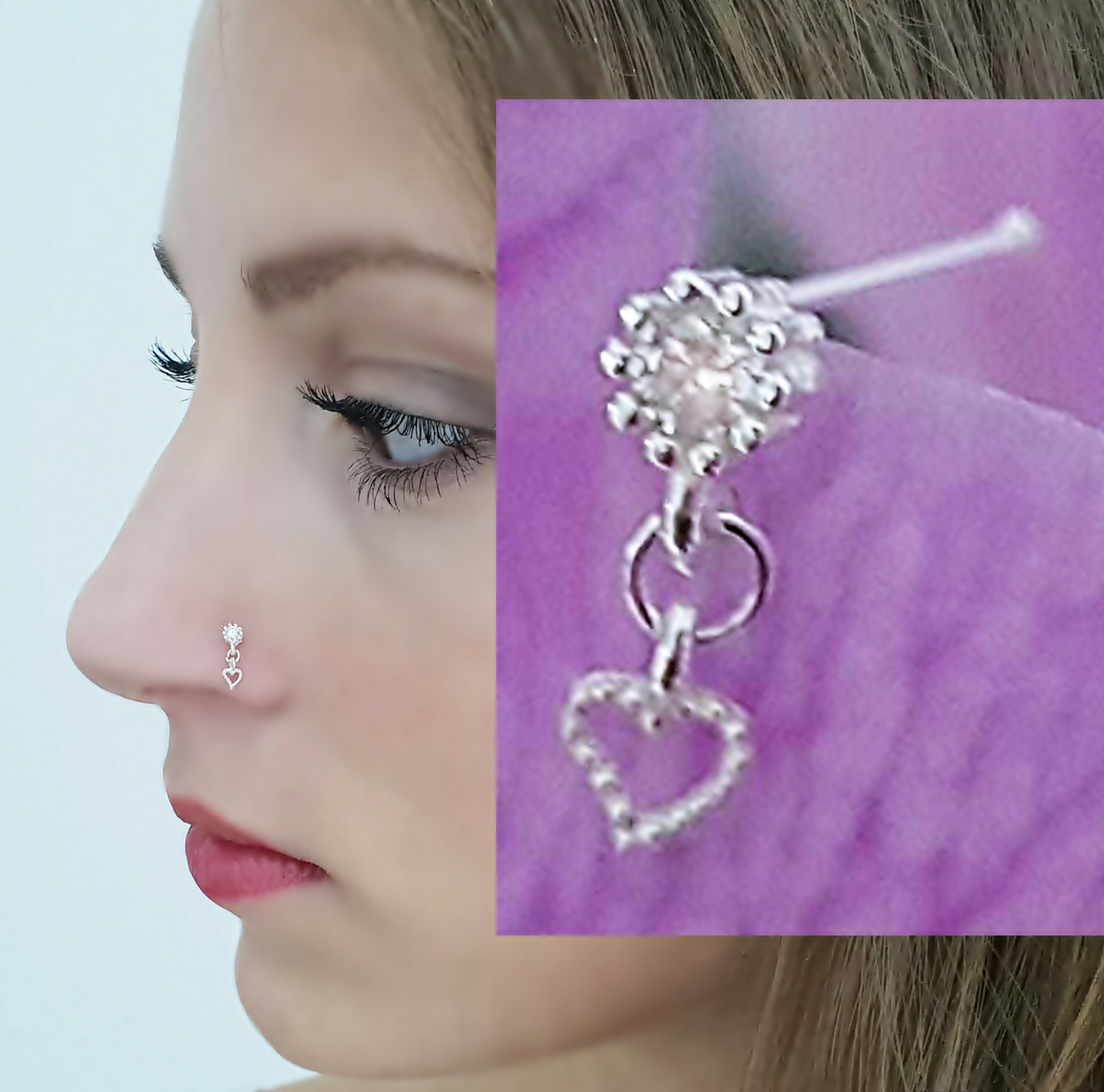 925 Sterling Silver Nose Piercing Zirconia Heart Nose Plug 18 | Etsy