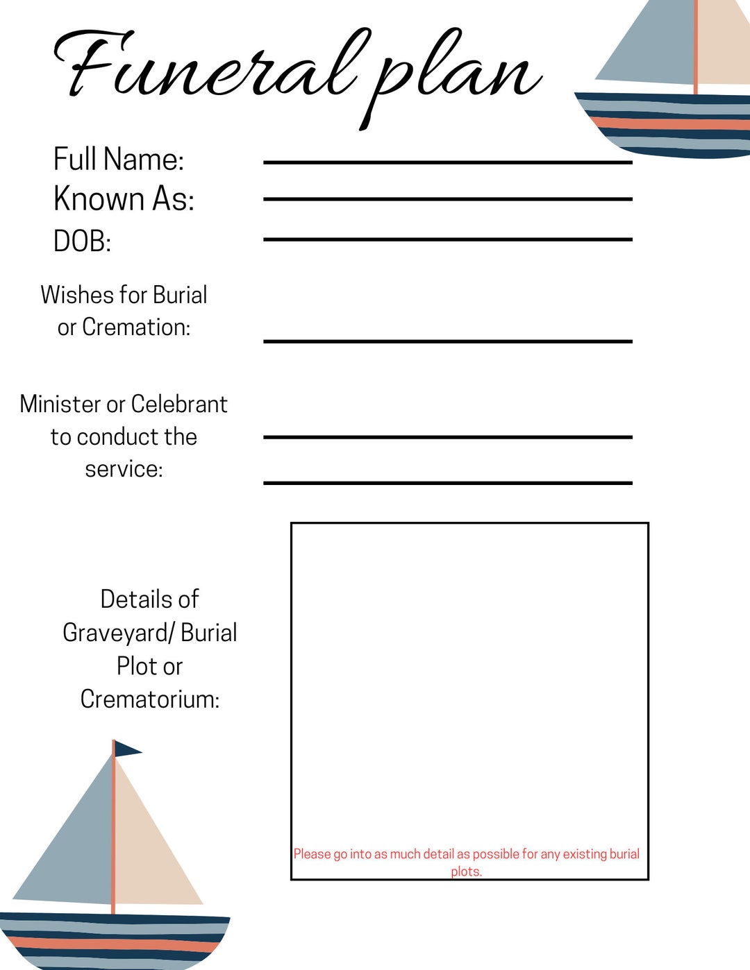 Funeral Plan, Planner, Funeral Instructions, Funeral Help, Boats. - Etsy