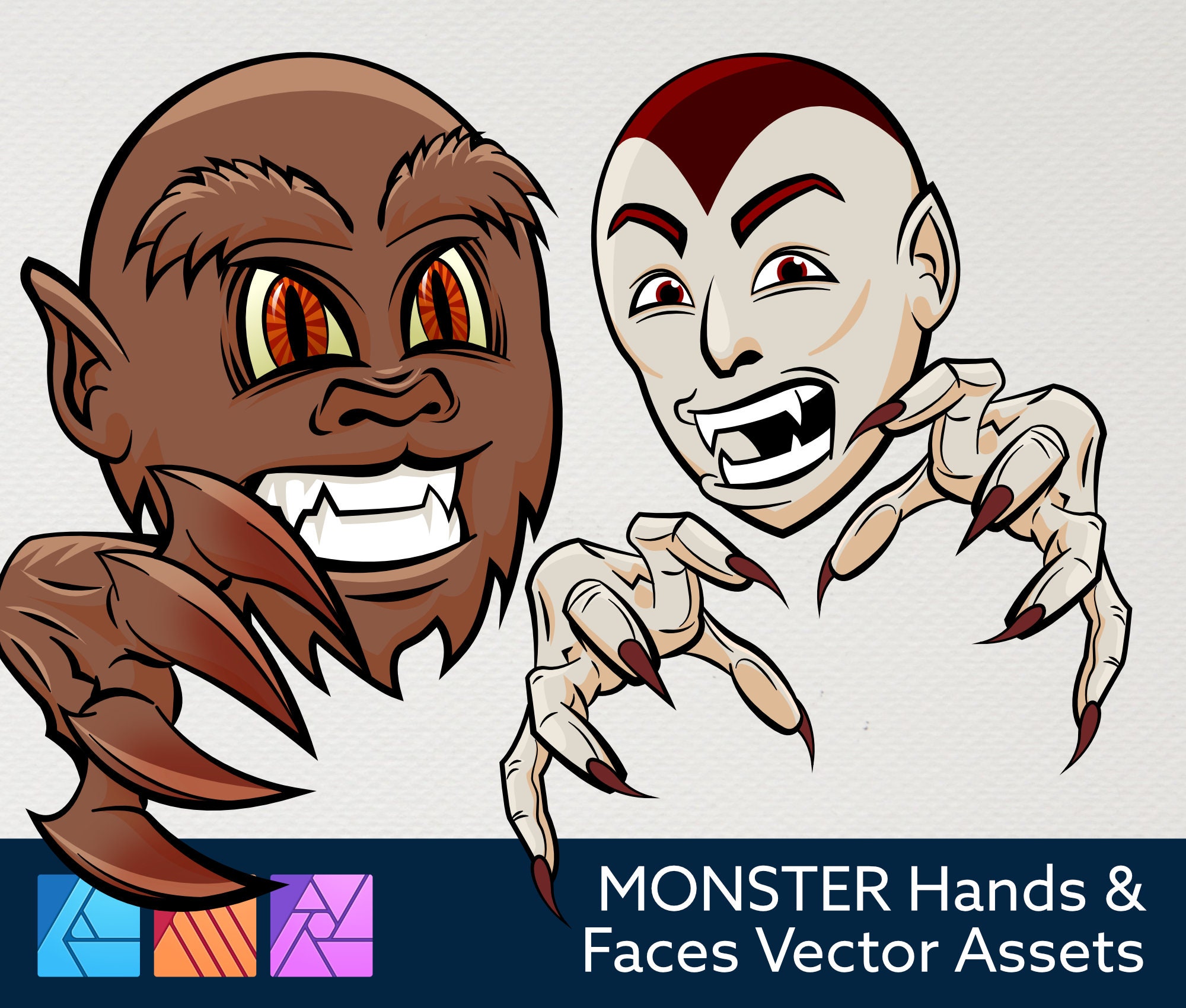 MONSTERS Cartoon Faces and Hands Vector Assets 3 Affinity - Etsy