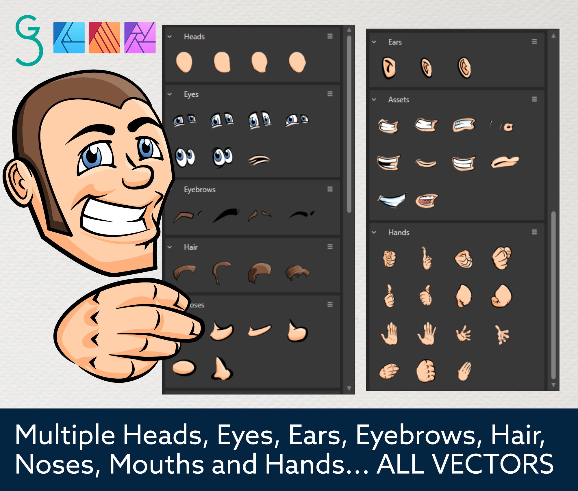 Cartoon Faces and Hands Vector Assets - Affinity - Etsy