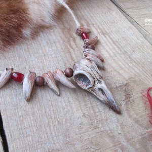 Fang Tribal Necklace With Raven Skull and Beads, Fake Wolf Teeth Choker ...