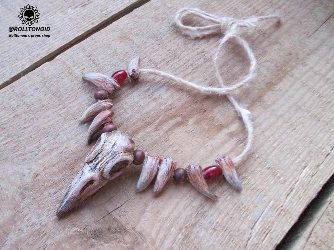 Fang Tribal Necklace With Raven Skull and Beads, Fake Wolf Teeth Choker ...