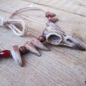 Fang Tribal Necklace With Raven Skull and Beads, Fake Wolf Teeth Choker ...