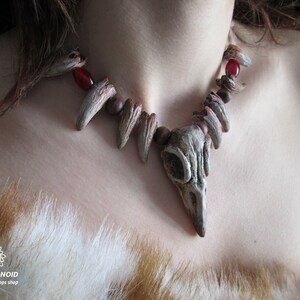 Fang Tribal Necklace With Raven Skull and Beads, Fake Wolf Teeth Choker ...