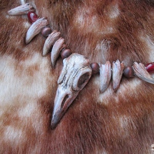Fang Tribal Necklace With Raven Skull and Beads, Fake Wolf Teeth Choker ...