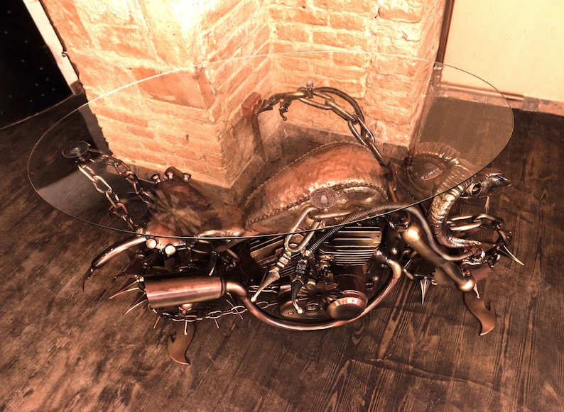 Handmade Steampunk Motorcycle Table, Gothic Metal Art, Glass Top - Etsy