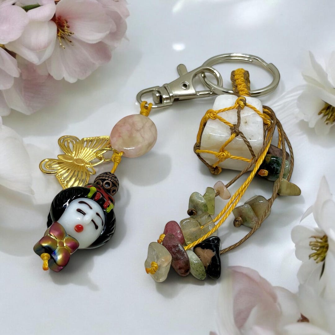 Crystal Bag Charm With Japanese Accents,wrapped Gemstone Charm ...