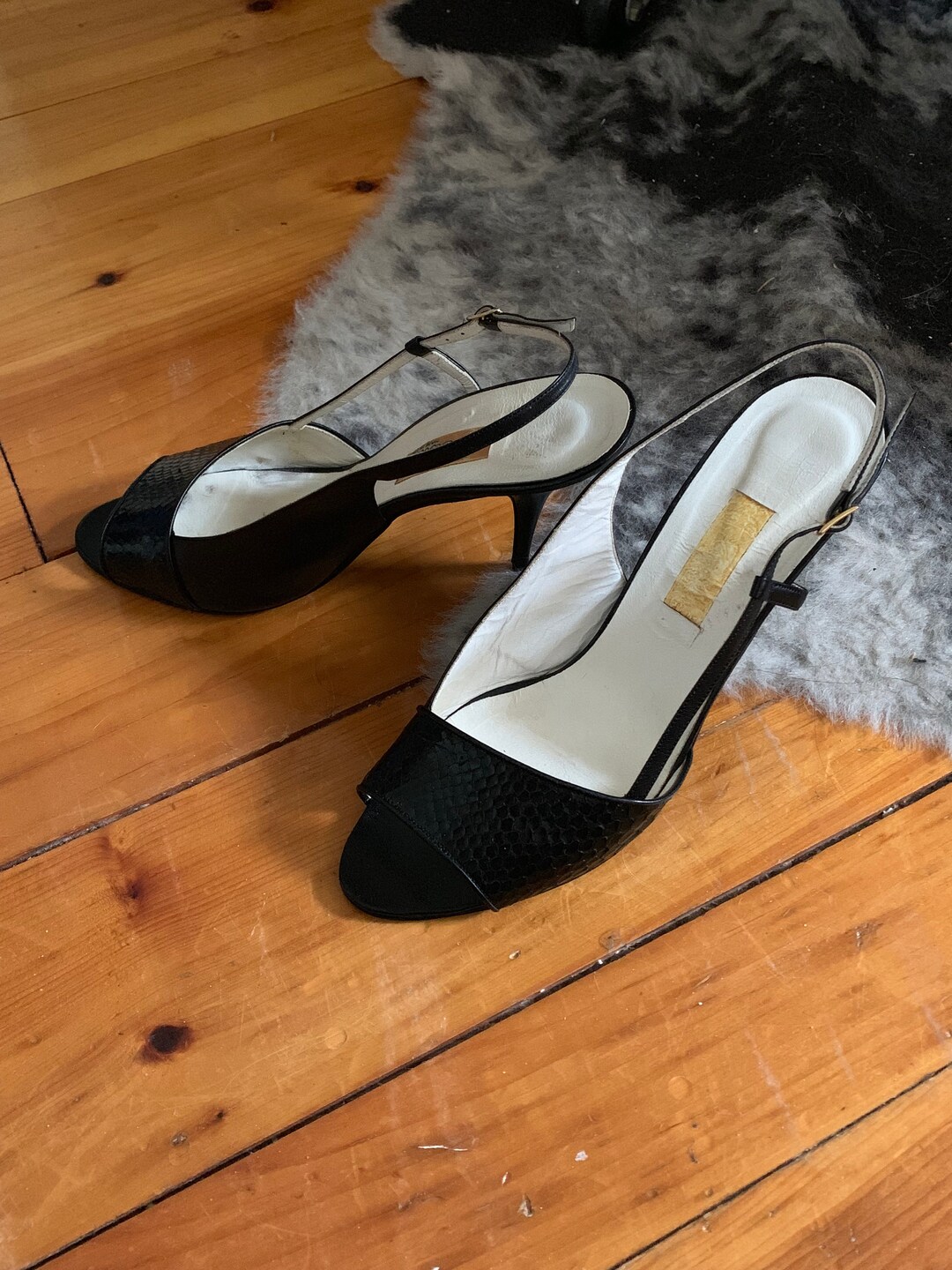 Women's Heels, Peep-toe, Sling Back Italian Black Embossed Snake Print ...