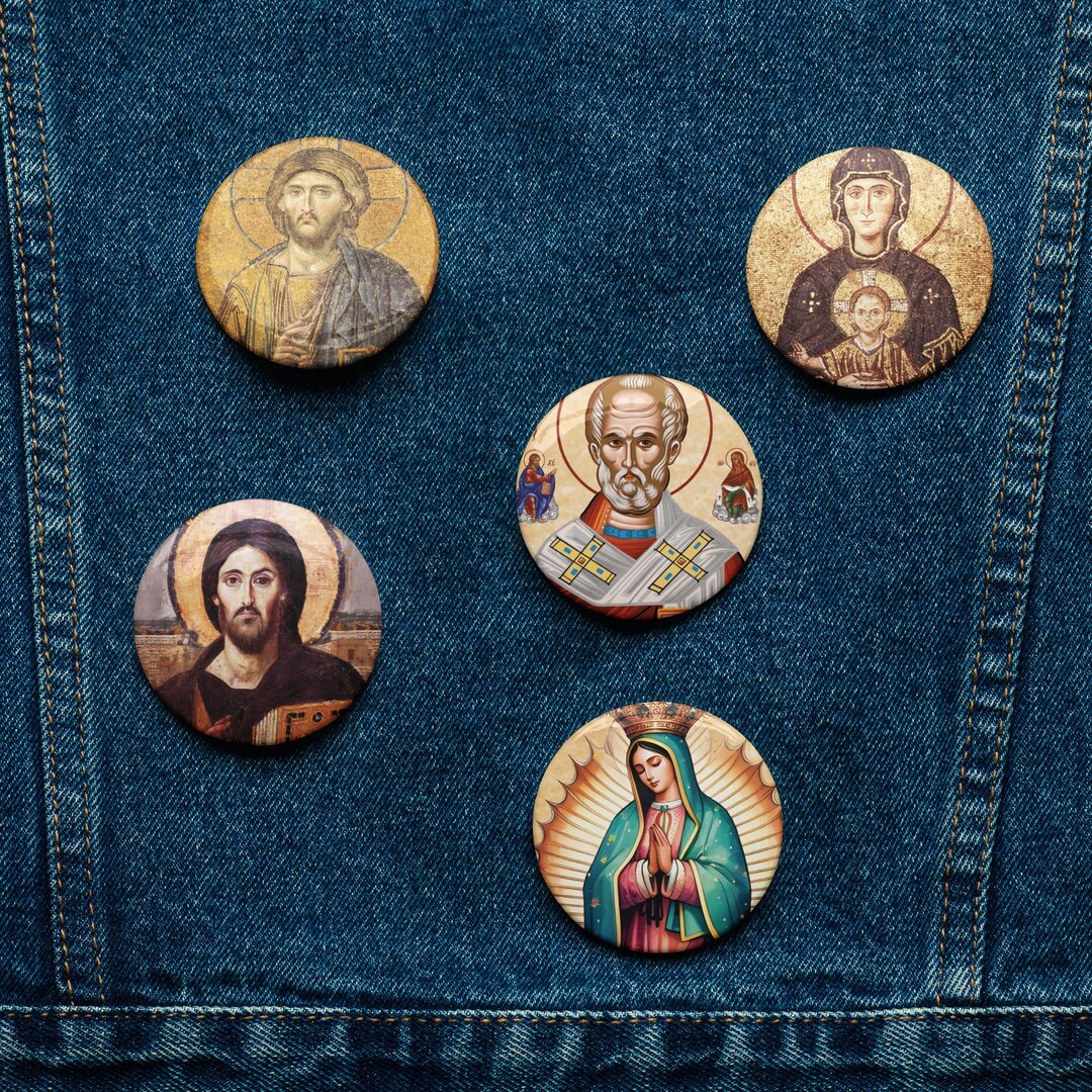 Set of 5 Christian Icon Button Badges | Jesus Christ, Virgin Mary ...