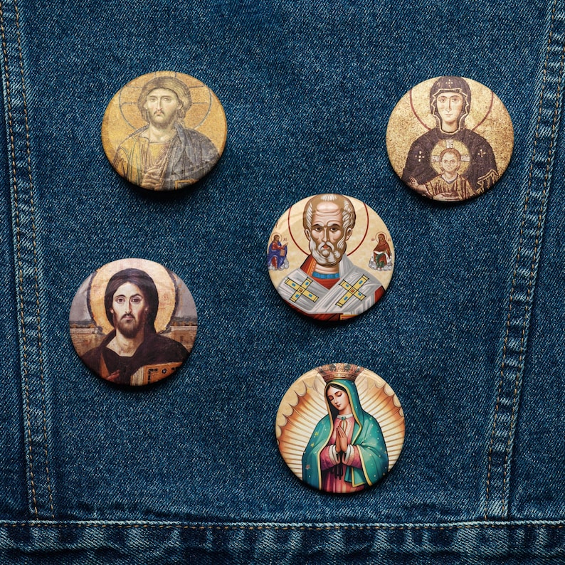 Set of 5 Christian Icon Button Badges | Jesus Christ, Virgin Mary ...