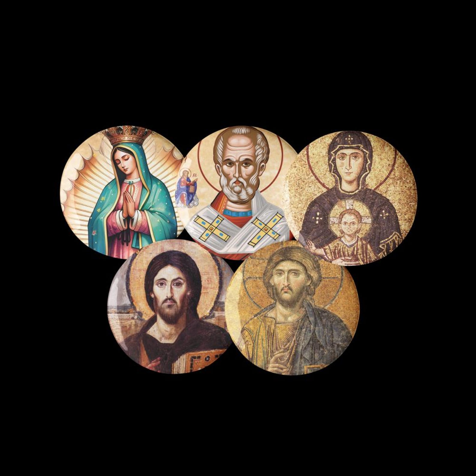 Set of 5 Christian Icon Button Badges | Jesus Christ, Virgin Mary ...