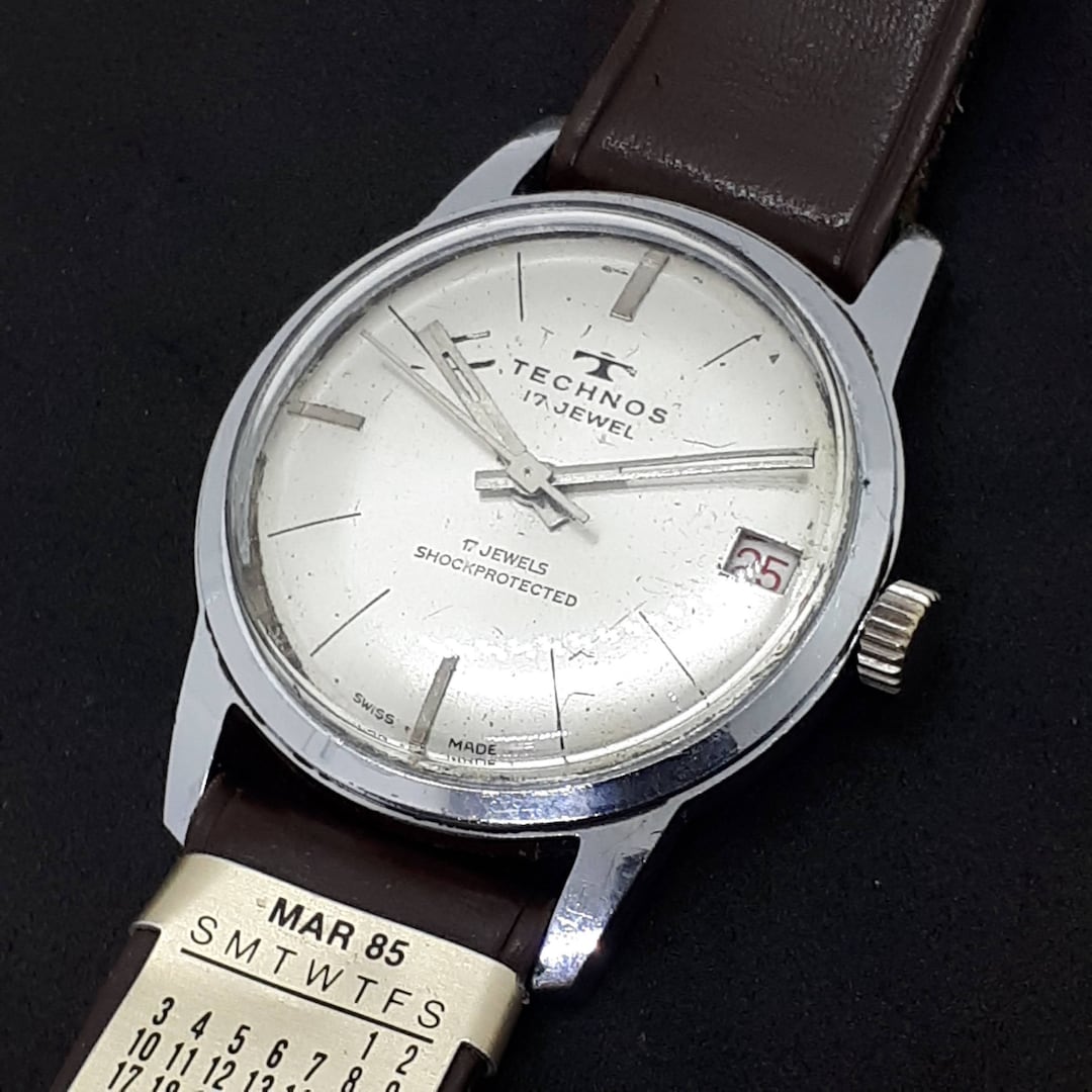 Vintage Technos Watch Shockprotected,silver Dial,hand Winding Swiss ...