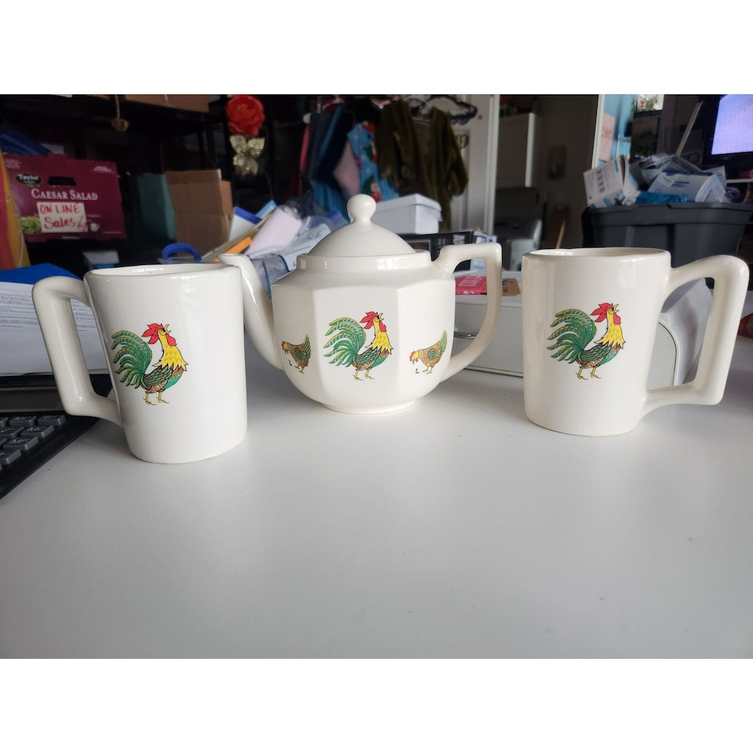 Tea Set Chicken and Roosters Tea Pot With Lid and 2 Large Mugs. 1982 - Etsy