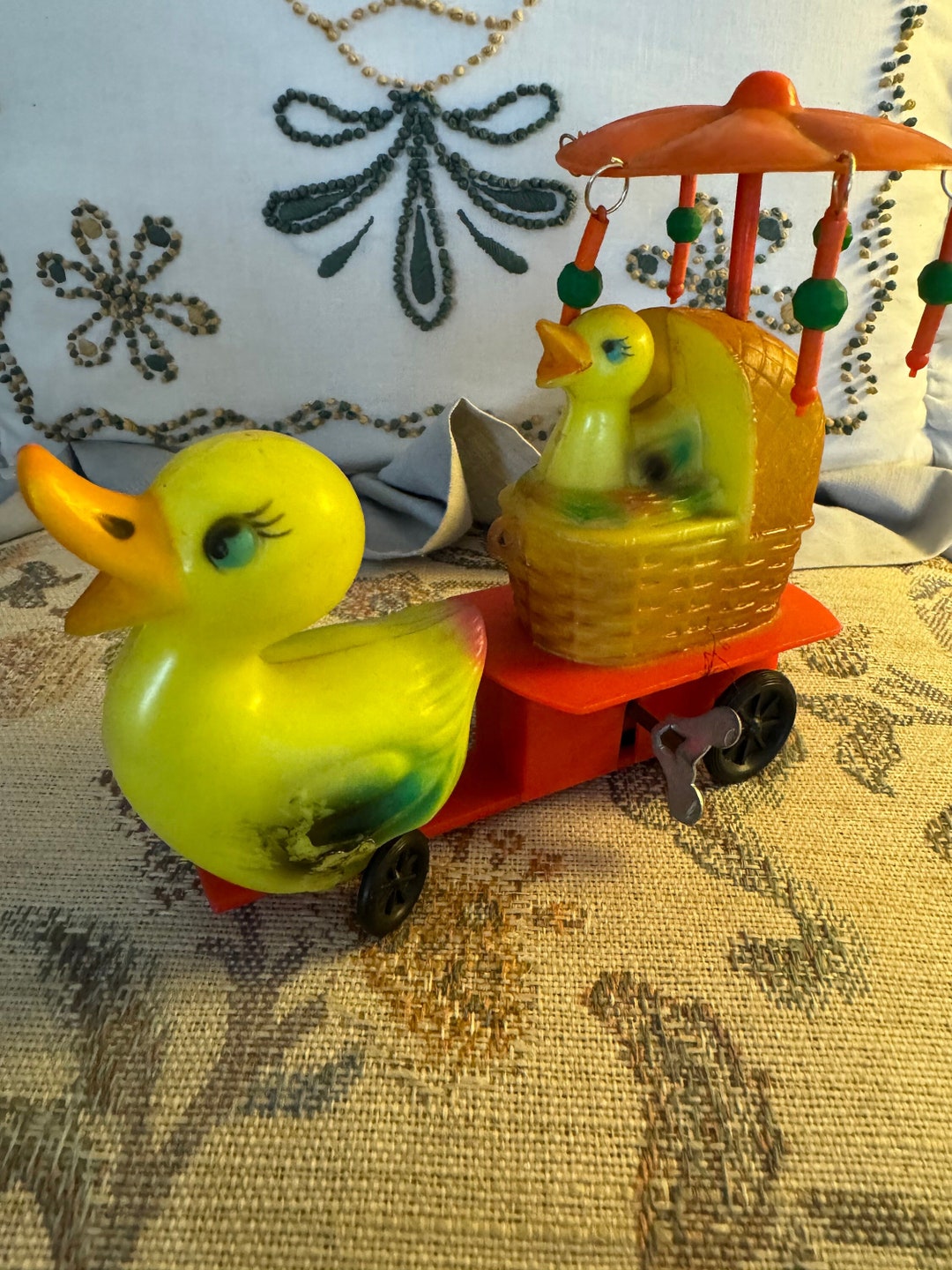 Vintage Wind up Duck Toy With Spinning Umbrella and Baby Duck in Basket ...