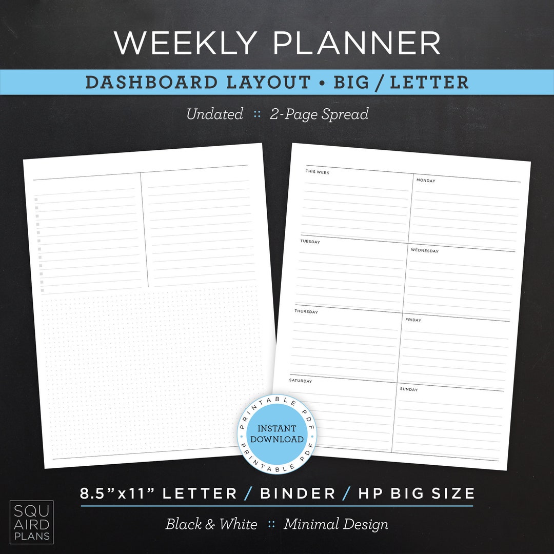 Undated Weekly Planner Printable • Dashboard Layout • 8.5"x11" Letter ...