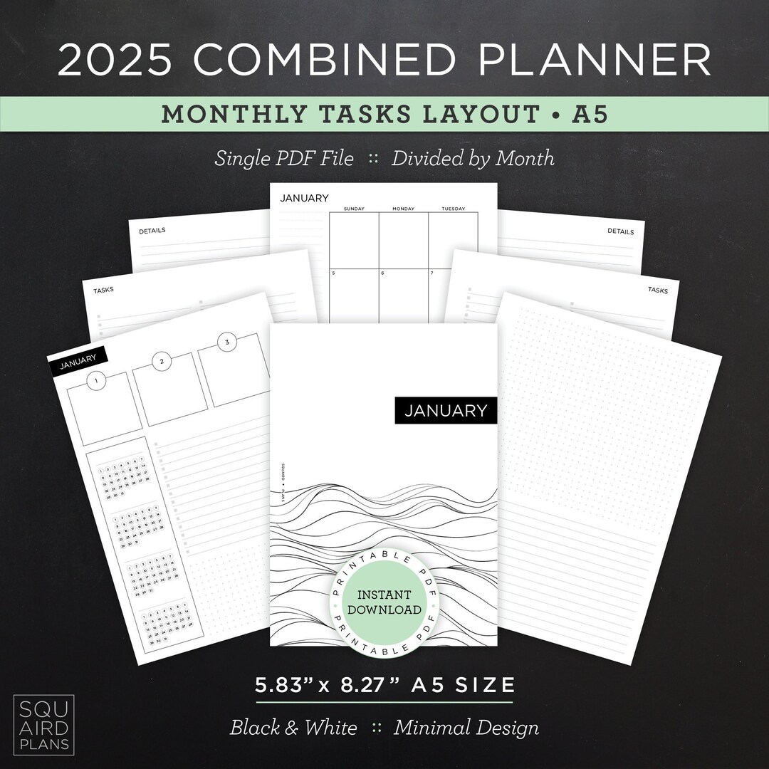 2025 Combined Planner Printable • Monthly Tasks Layout • 5.83" X 8.27 ...