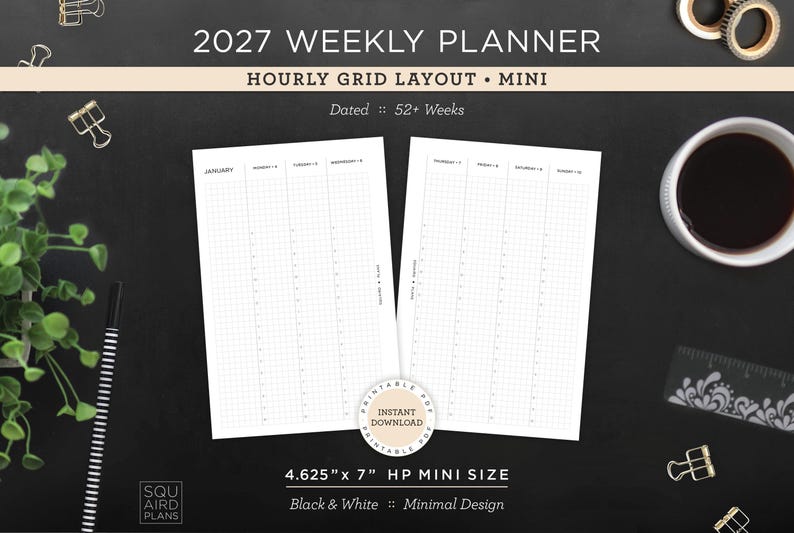 2027 Weekly Planner Printable • Hourly Grid Layout • 4.625