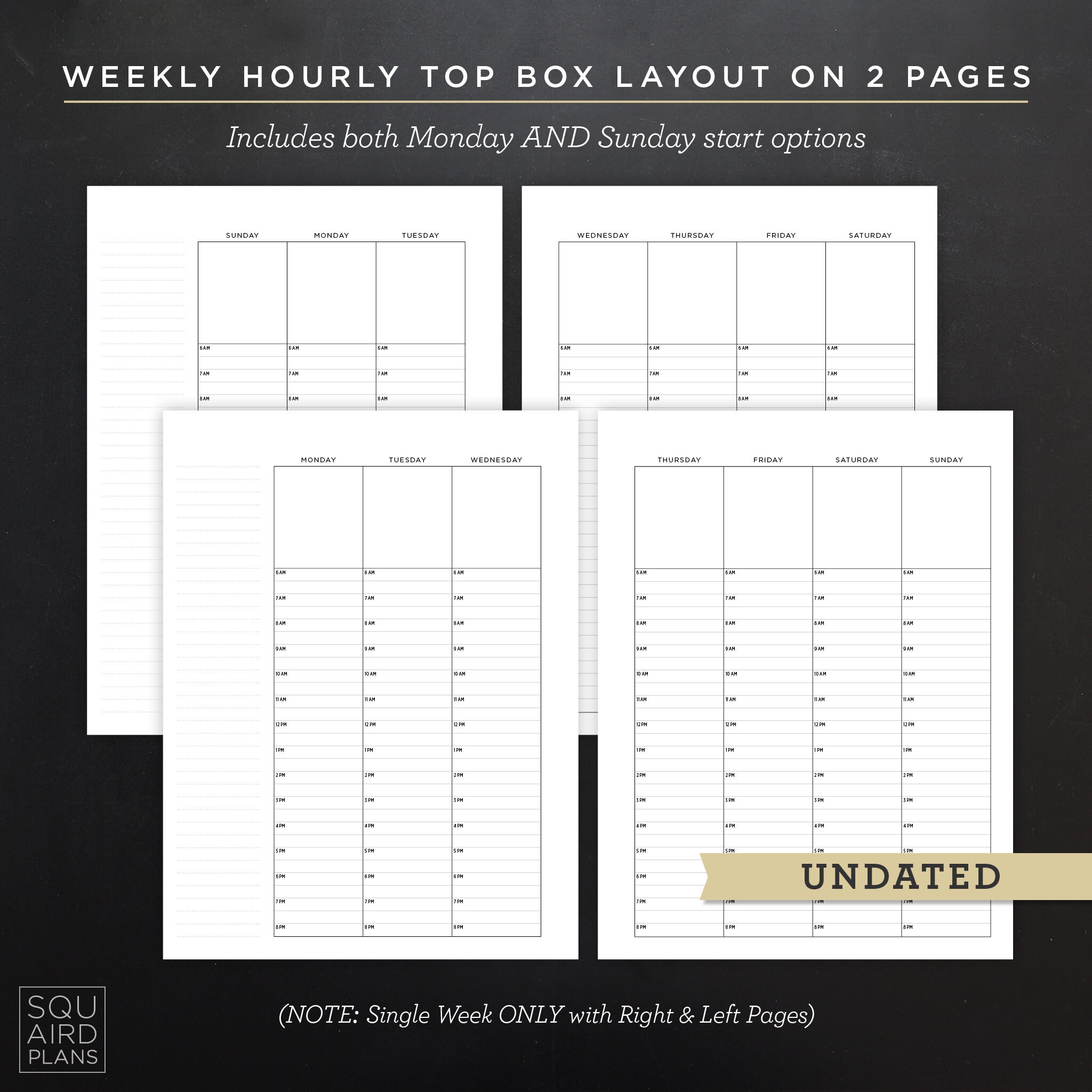 Undated Weekly Planner Printable Hourly Top Box Layout - Etsy