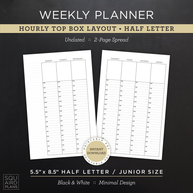 Undated Weekly Planner Printable • Hourly Top Box Layout • 5.5" X 8.5 ...