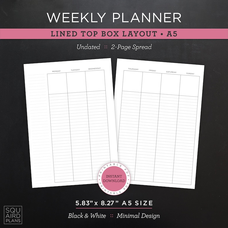 Undated Weekly Planner Printable • Lined Top Box Layout • 5.83" X 8.27 ...