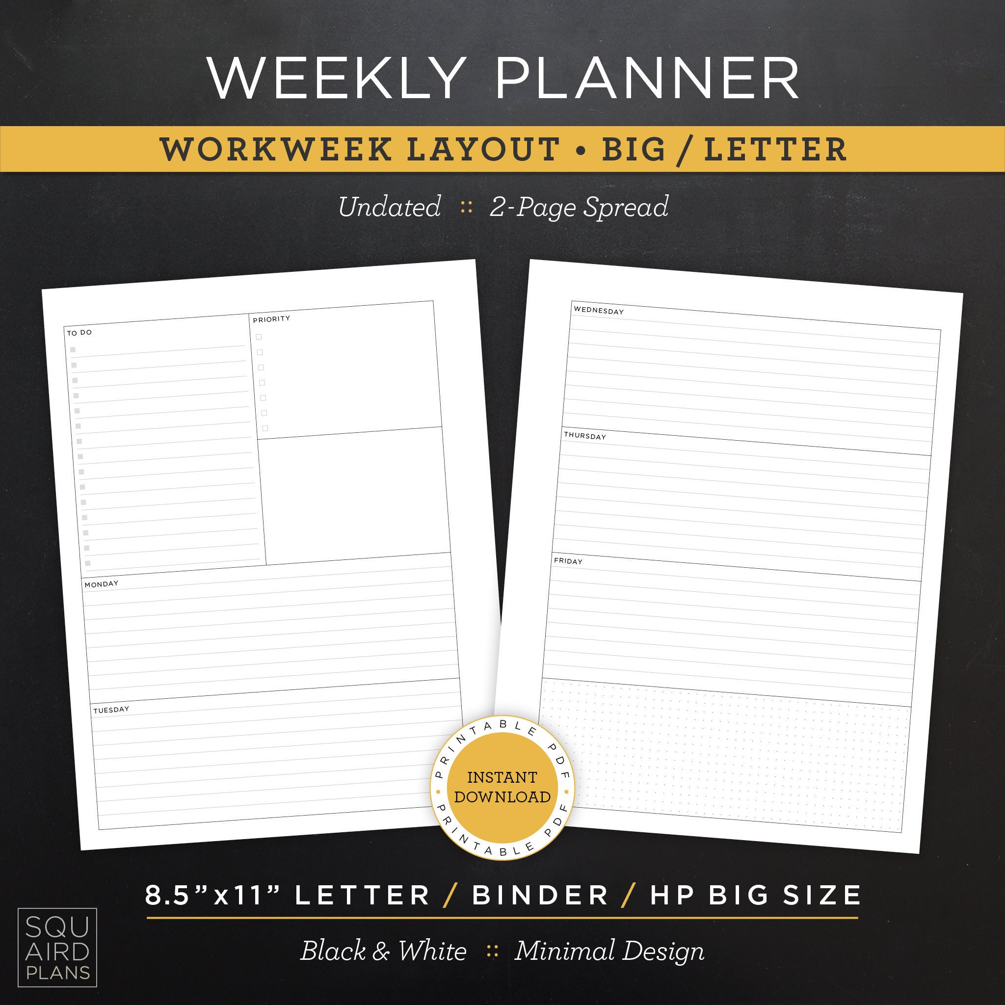 Undated Weekly Planner Printable Workweek Layout 8.5 - Etsy
