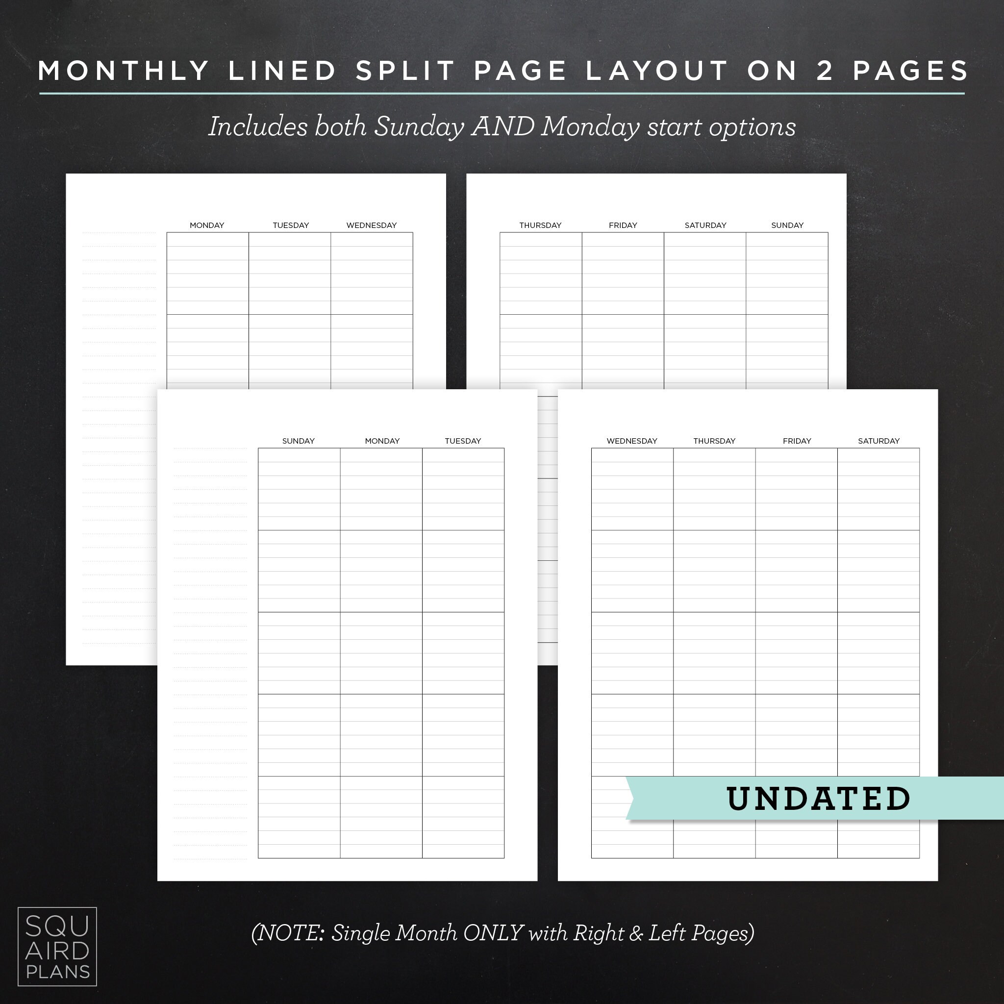 Undated Monthly Planner Printable • Lined Split Page Layout • 8.5"x11 ...