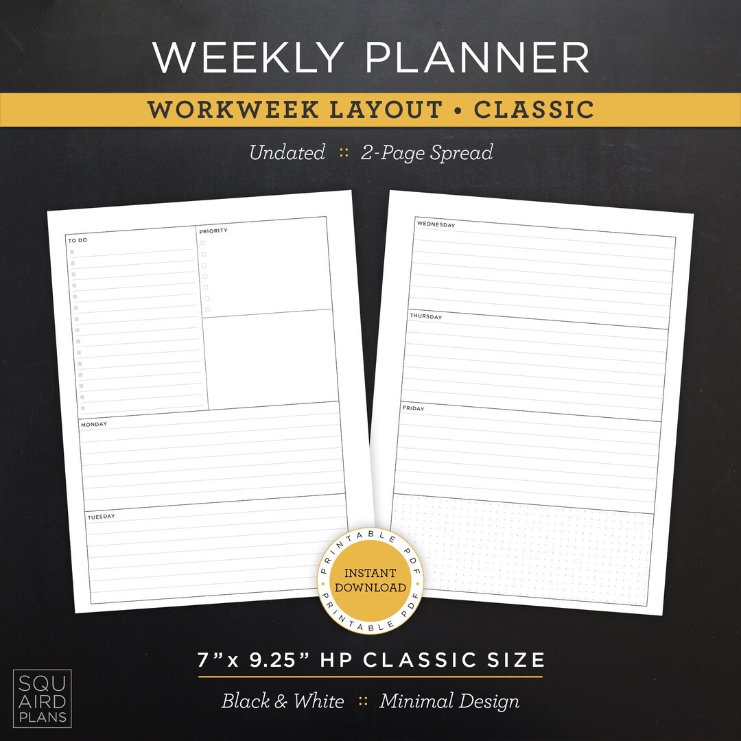 Undated Weekly Planner Printable • Workweek Layout • 7" X 9.25" HP ...