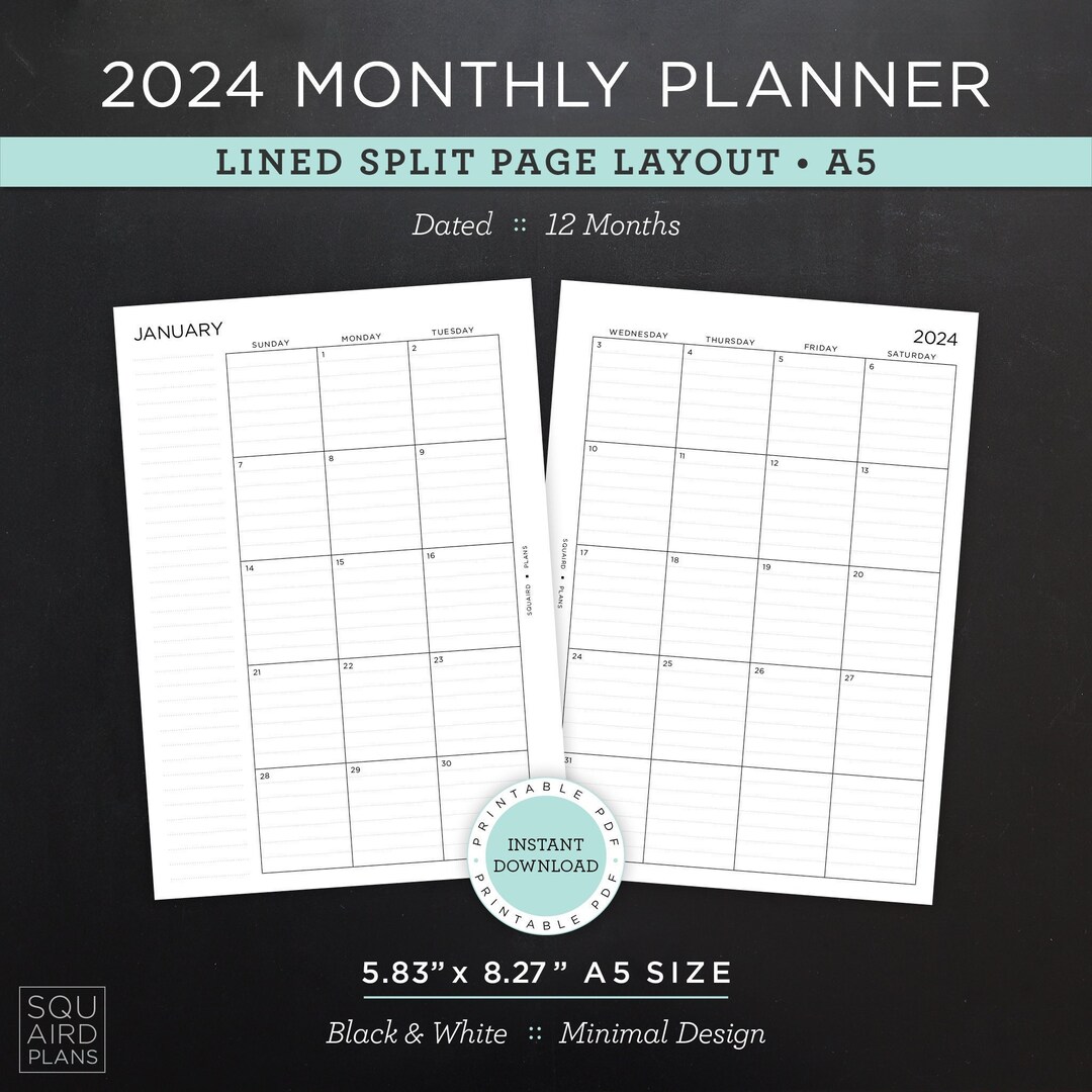 2024 Monthly Planner Printable Lined Split-page Layout 5.83 X 8.27 A5 ...