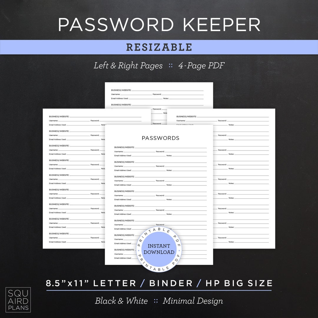 Password Keeper • Online Password Tracker Log Insert • Resizable ...