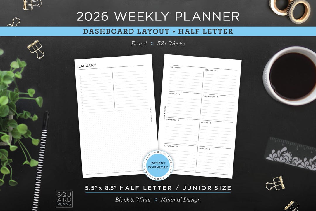 2026 Weekly Planner Printable • Dashboard Layout • 5.5" X 8.5" Half ...