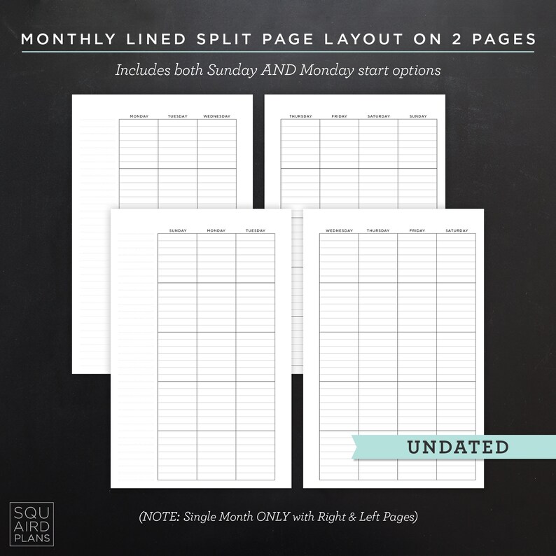 Undated Monthly Planner Printable • Lined Split Page Layout • 5.5" X 8.5" Half Letter/junior ...