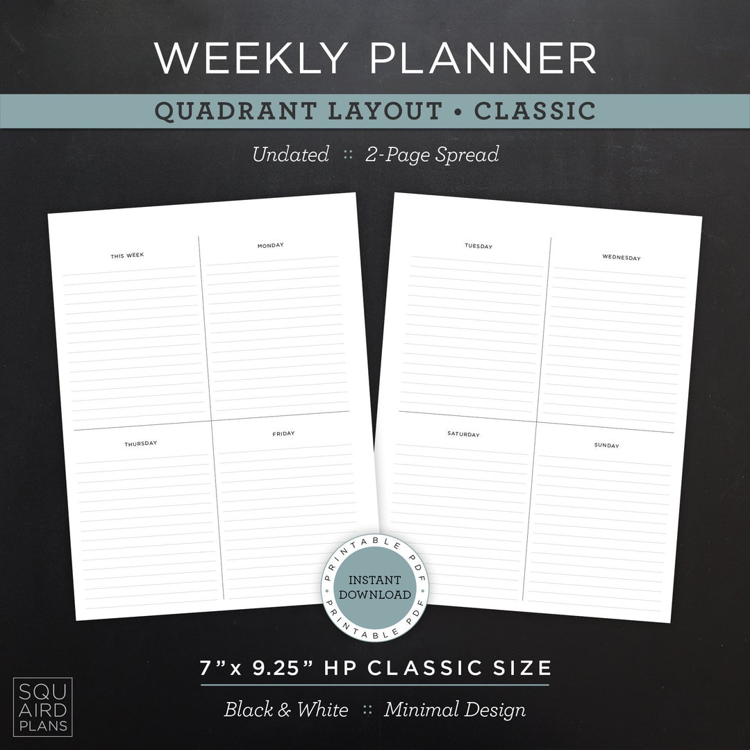 Undated Weekly Planner Printable • Quadrant Layout • 7" X 9.25" HP ...