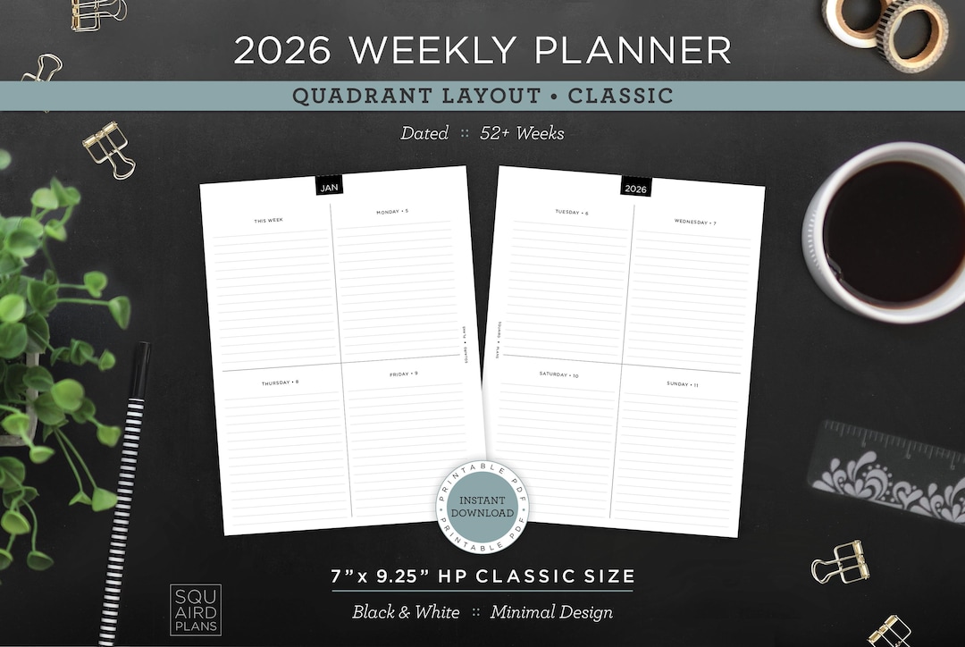 2026 Weekly Planner Printable • Quadrant Layout • 7" X 9.25" HP Classic ...