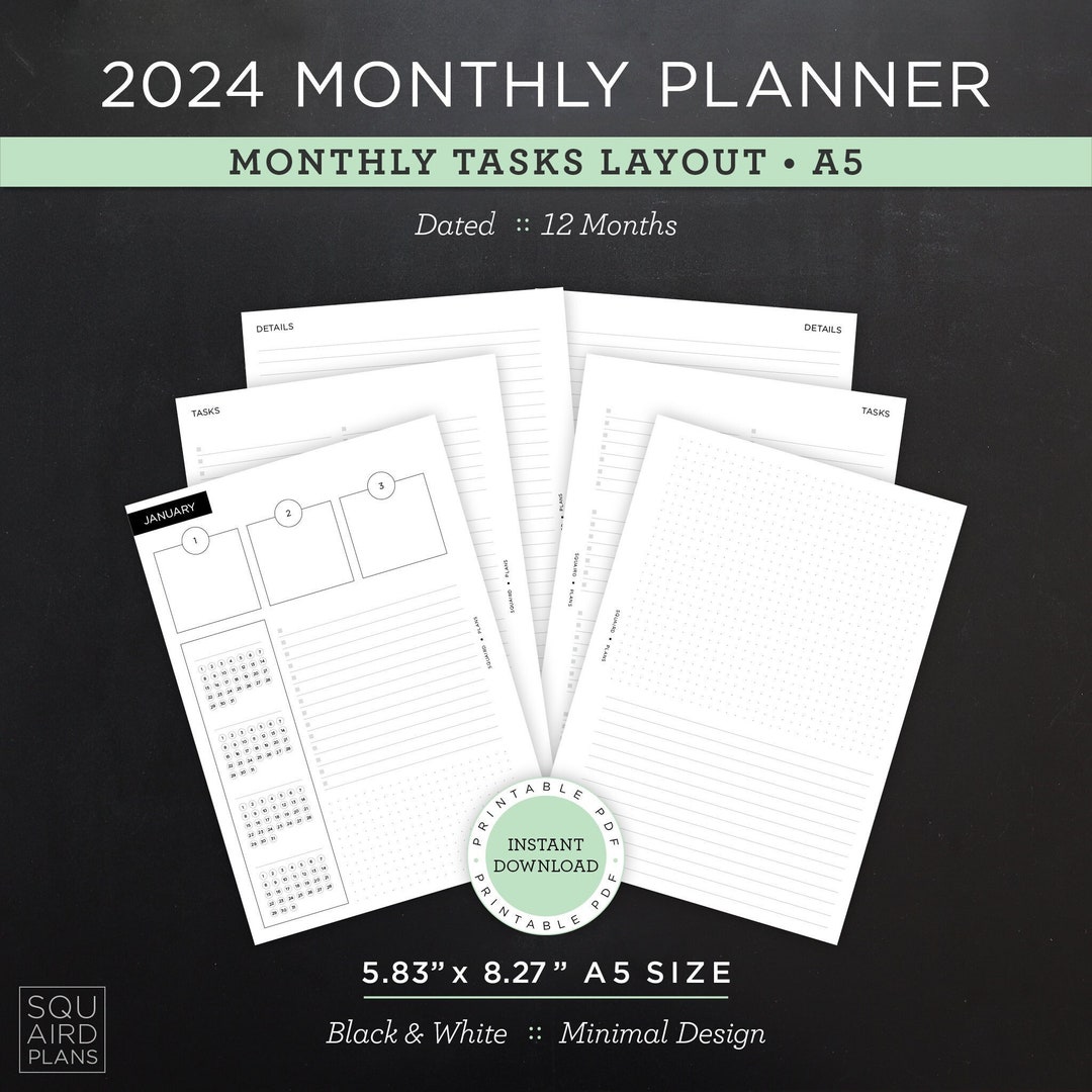 2024 Monthly Planner Printable Monthly Tasks Layout 5.83 X 8.27 A5 Size ...