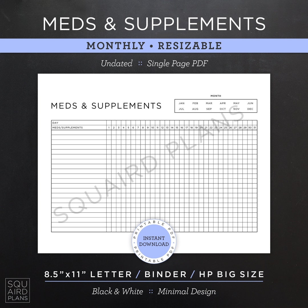 Meds & Supplements Tracker • Undated Month Planner Insert • Resizable ...