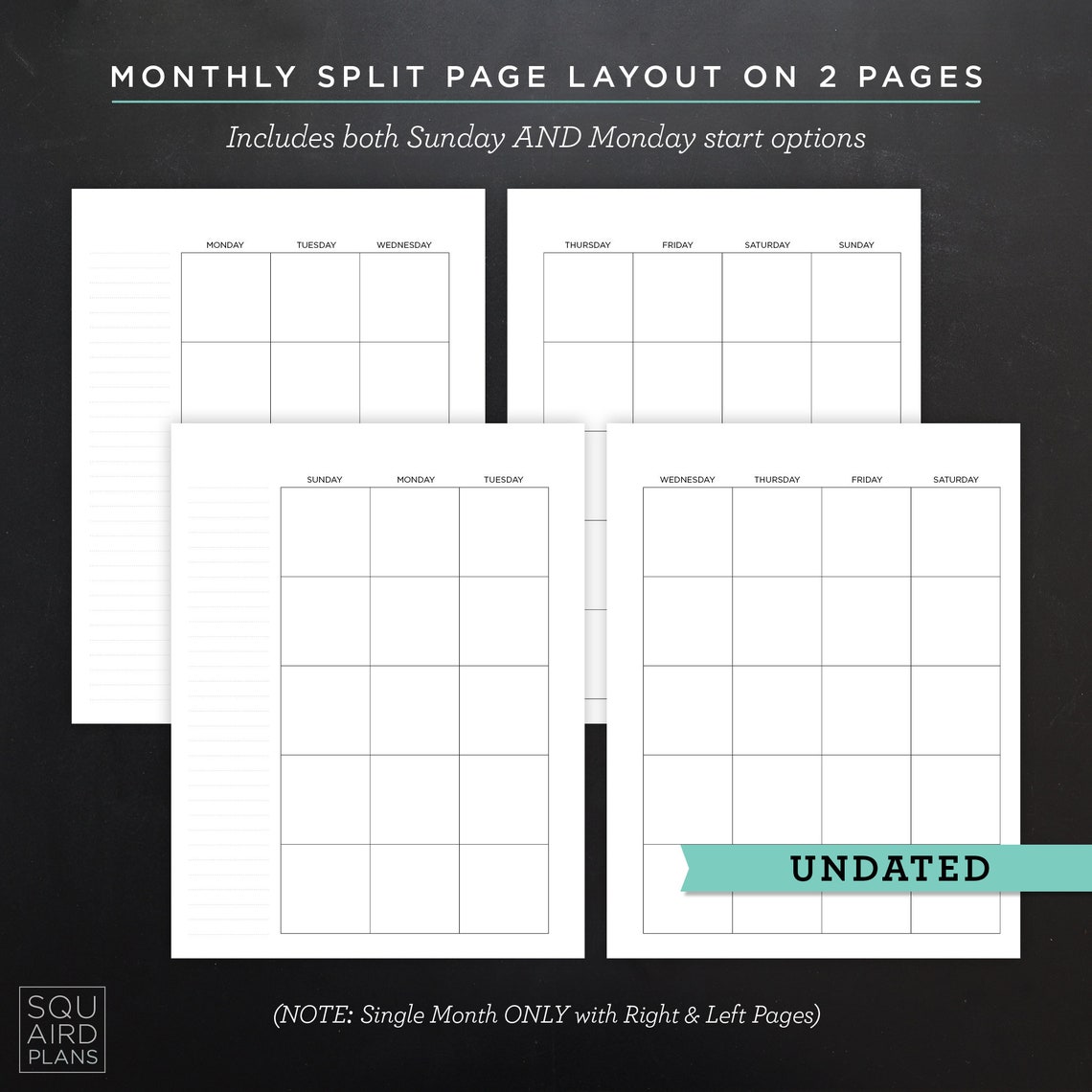 Undated Monthly Planner Printable Split Page Layout - Etsy
