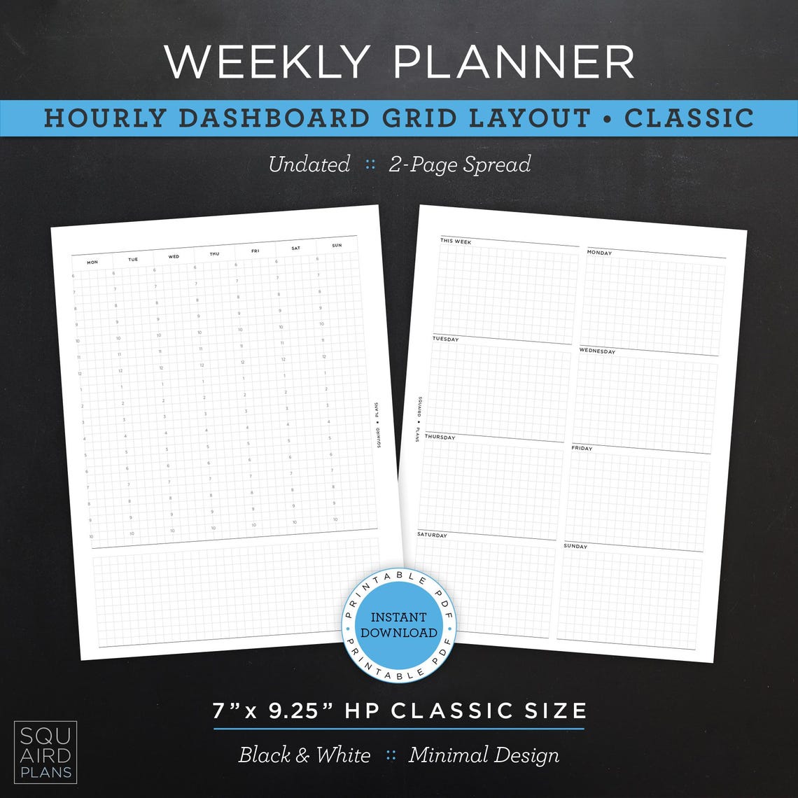 Undated Weekly Planner Printable • Hourly Dashboard Grid Layout • 7" X ...