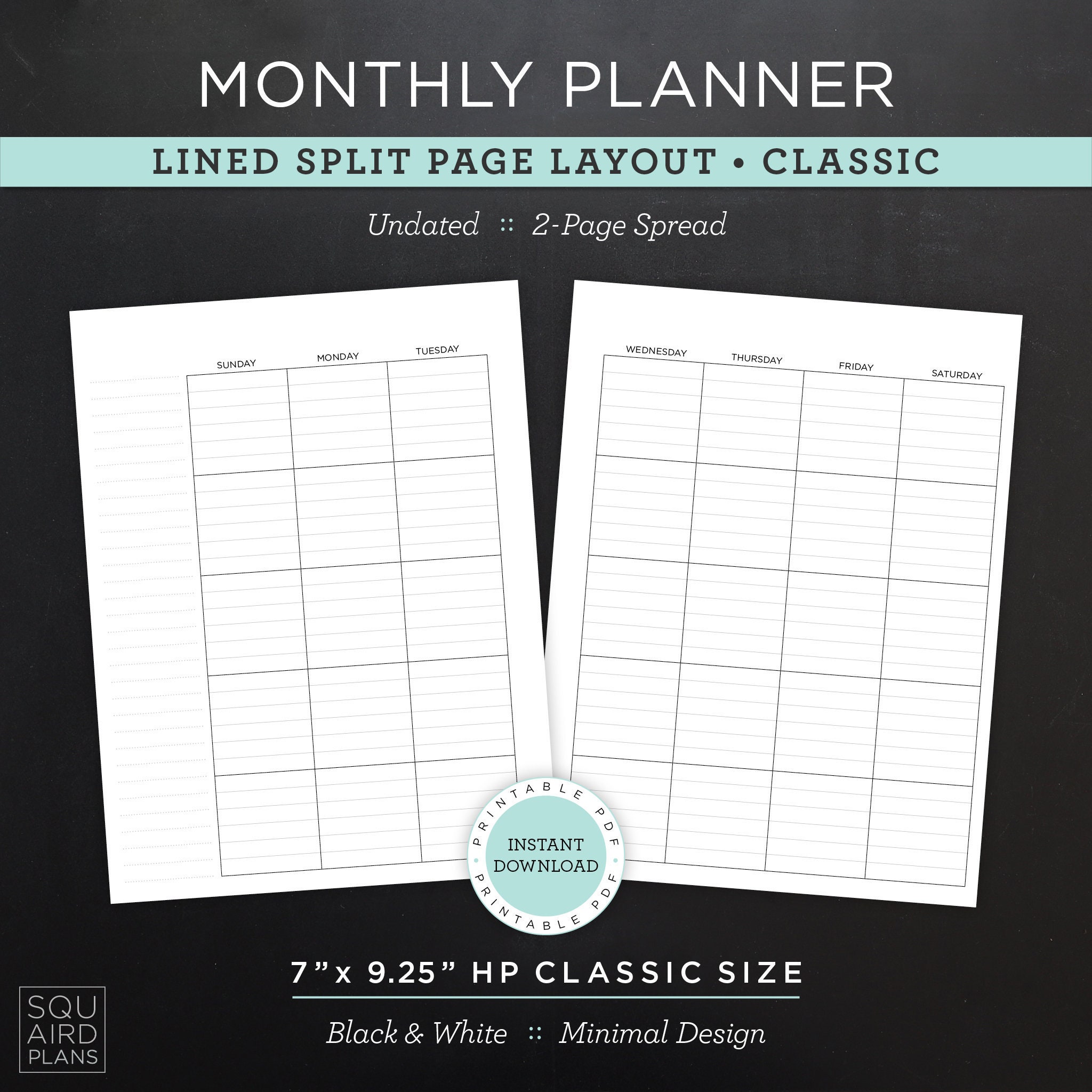 Undated Monthly Planner Printable • Lined Split Page Layout • 7 "x 9.25 ...