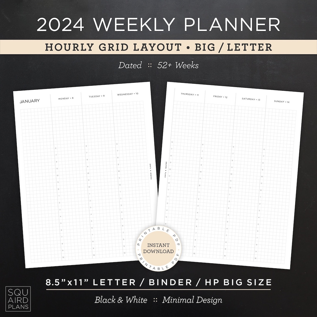 2024 Weekly Planner Printable Hourly Grid Layout 8.5x11 Letter/binder ...