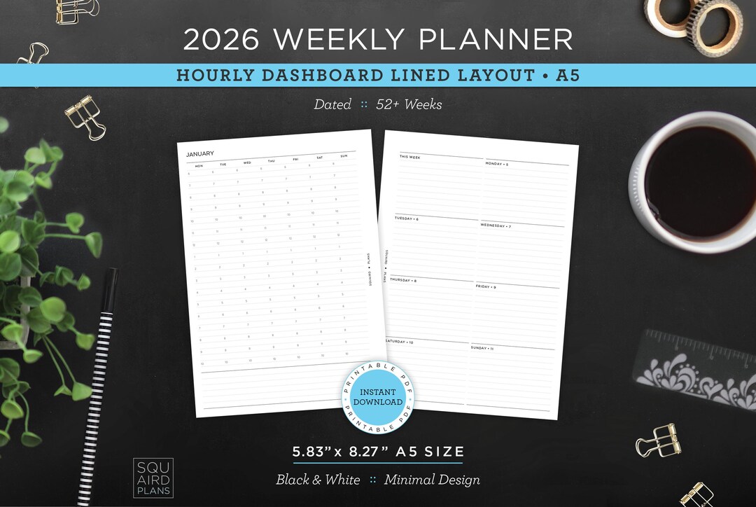 2026 Weekly Planner Printable • Hourly Dashboard Lined Layout • 5.83" X ...