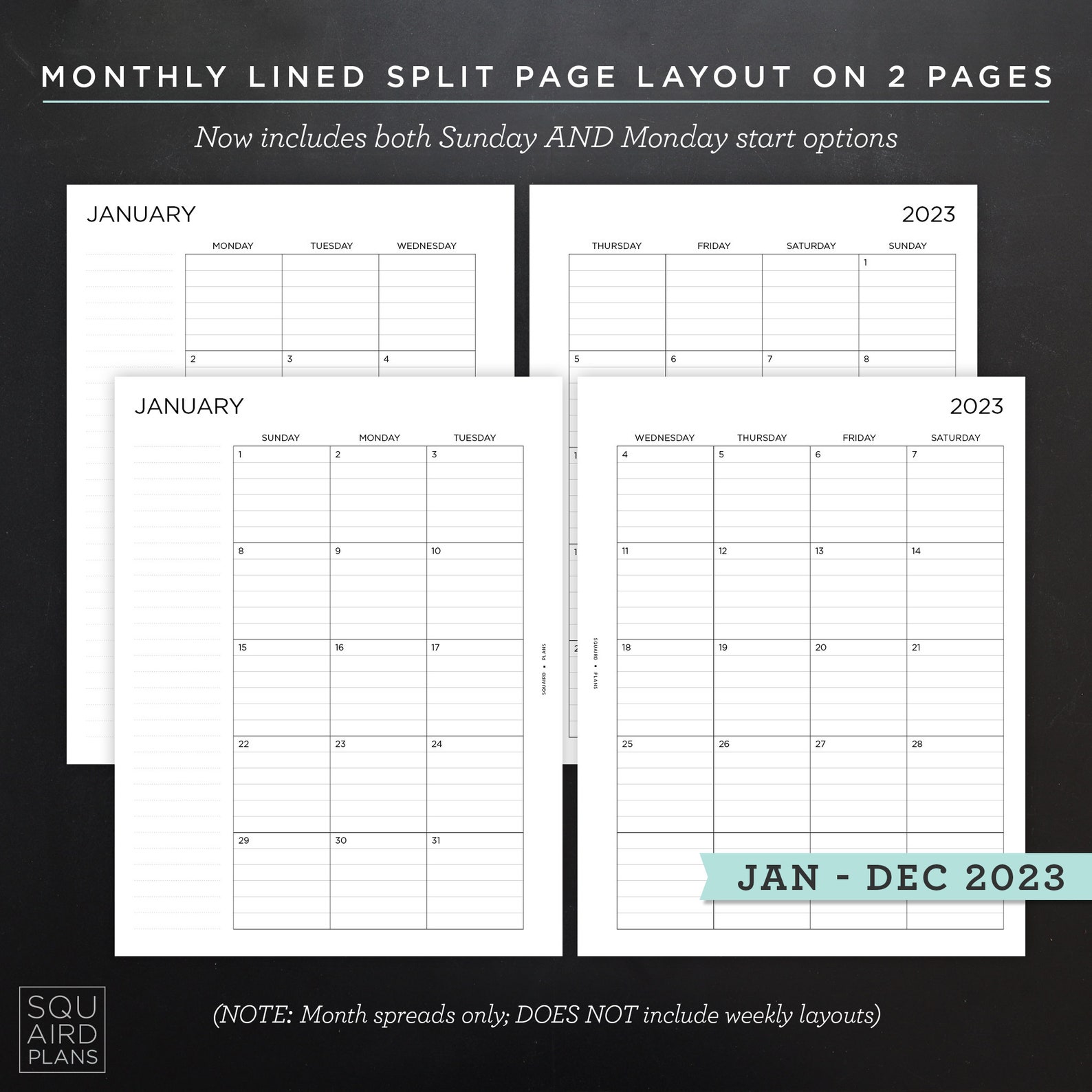 2023 Monthly Planner Printable Lined Split-page Layout - Etsy India