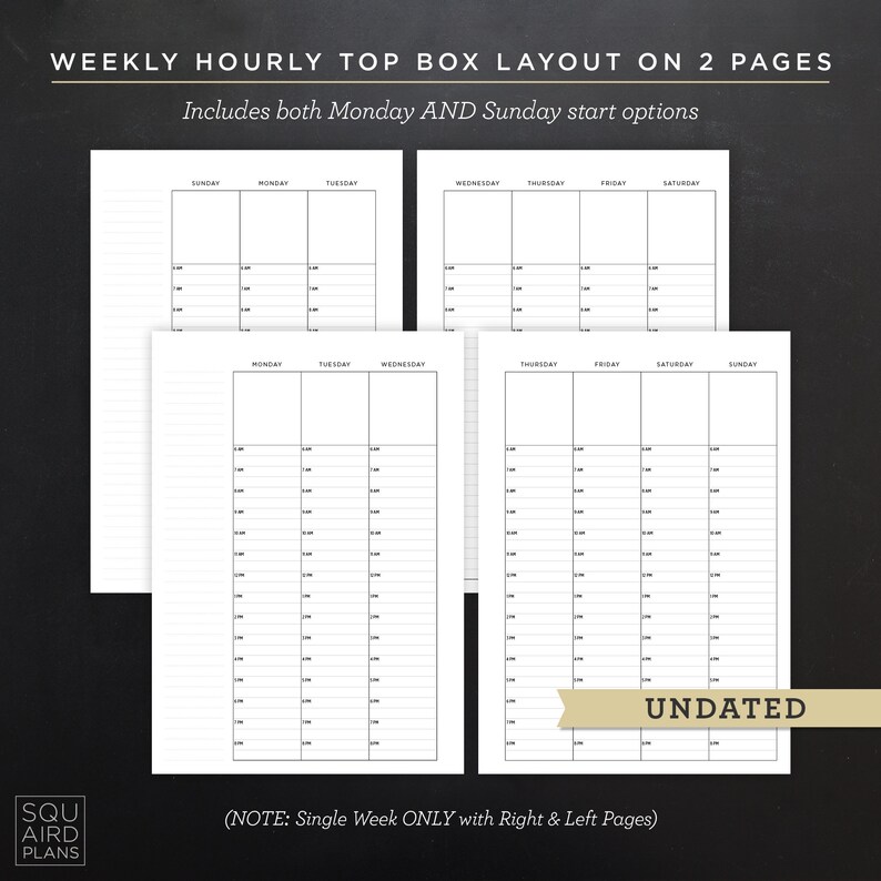 Undated Weekly Planner Printable Hourly Top Box Layout - Etsy