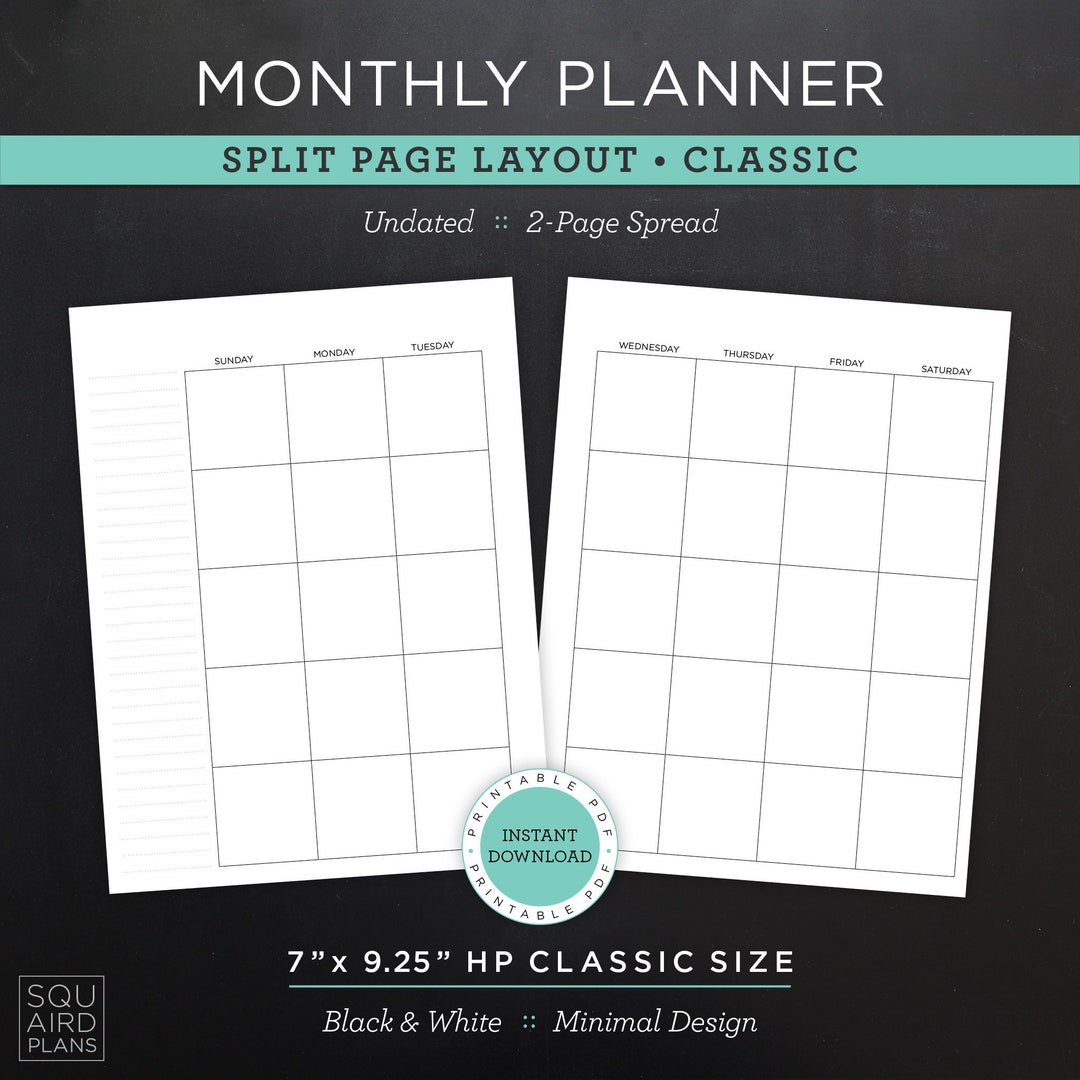 Undated Monthly Planner Printable • Split Page Layout • 7 "x 9.25" HP ...