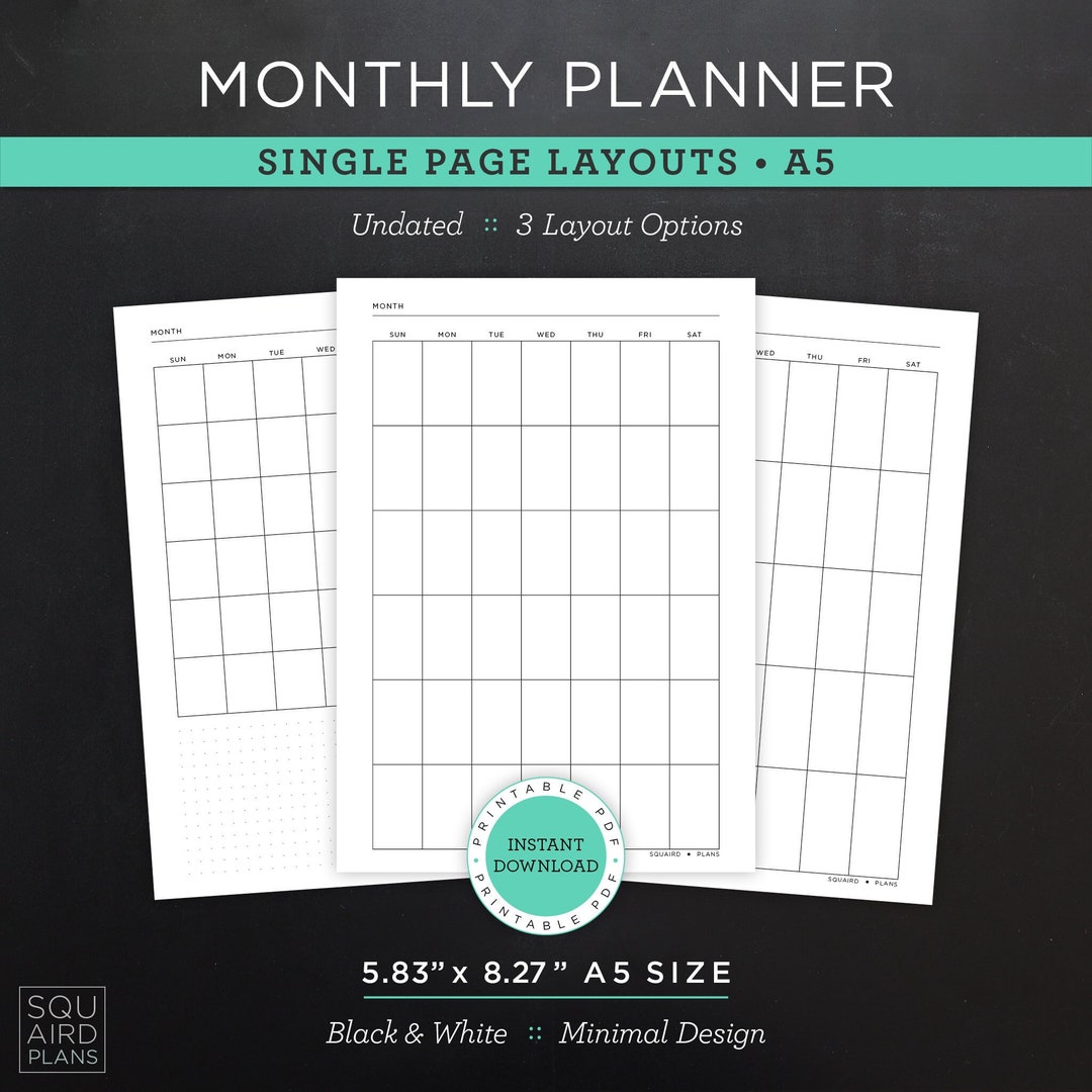 Undated Monthly Planner Printable • Single Page Layouts • 5.83" X 8.27 ...